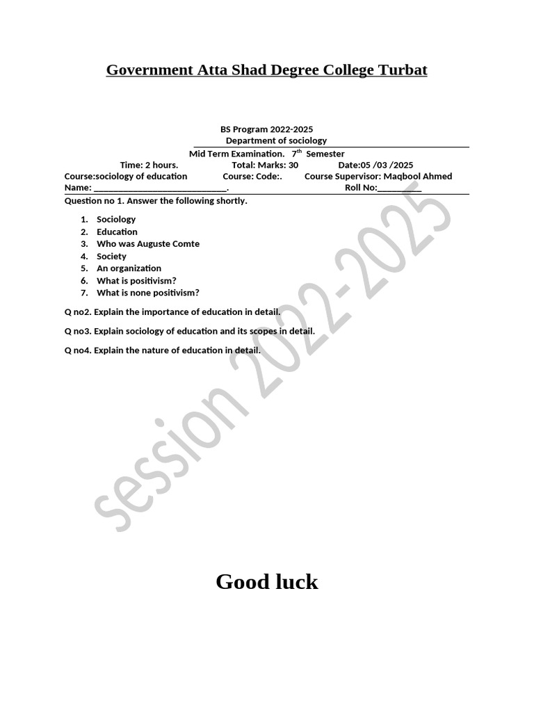 Sociology of Education Atta Shad Degree College | PDF