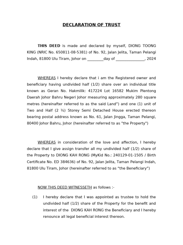 Declaration of Trust (Self Declaration) - Copy | PDF | Common Law ...