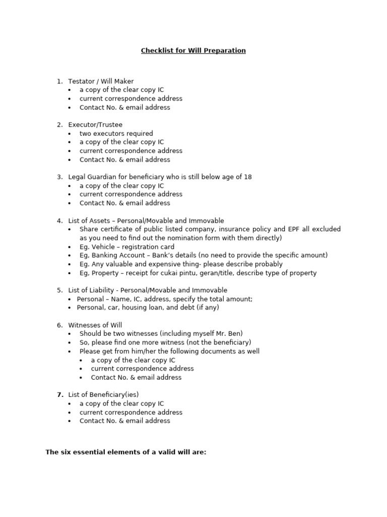 Checklist for Will Preparation | PDF