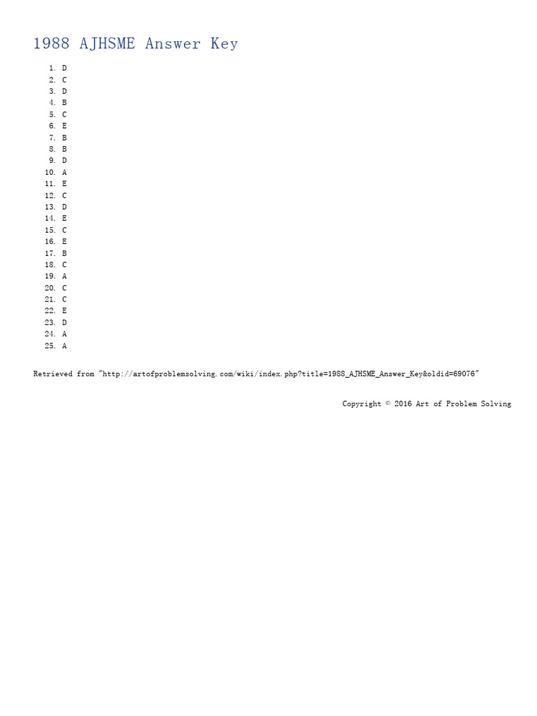 1988 AJHSME Answer Key | PDF