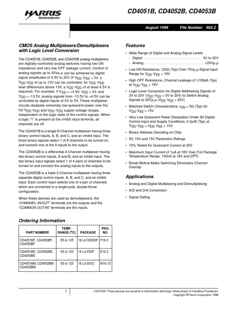 CD4051B, CD4052B, CD4053B: CMOS Analog Multiplexers/Demultiplexers With ...