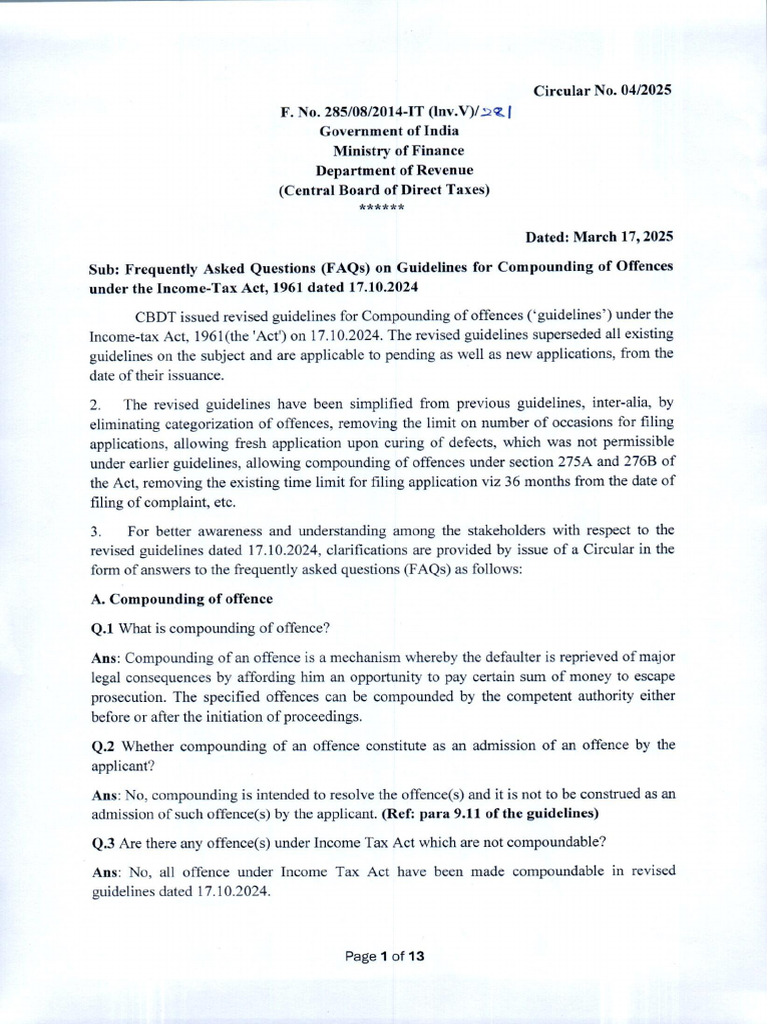 FAQ Dated 17.03.2025 On Guidelines For Compounding of Offences Under ...