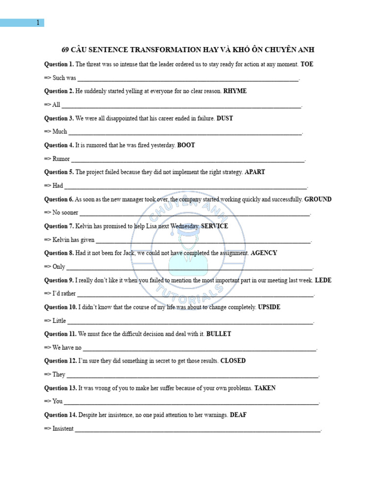 69 CÂU SENTENCE TRANSFORMATION HAY VÀ KHÓ ÔN CHUYÊN ANH (CHUYÊN ANH ...