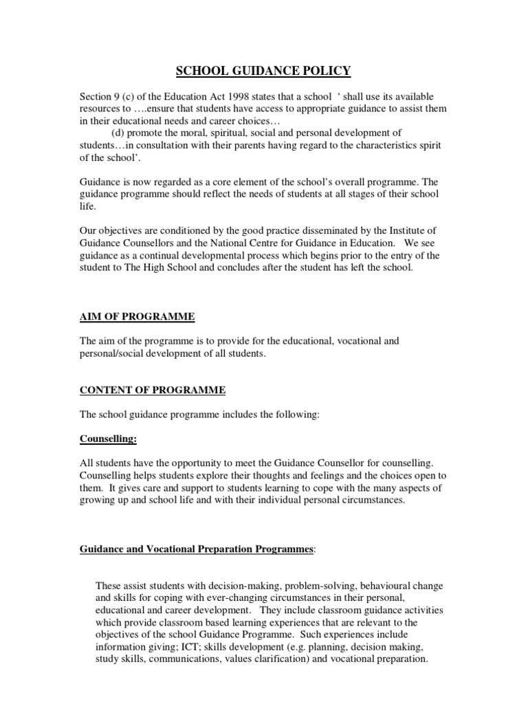 School Guidance Policy: Aim of Programme | Download Free PDF | School ...