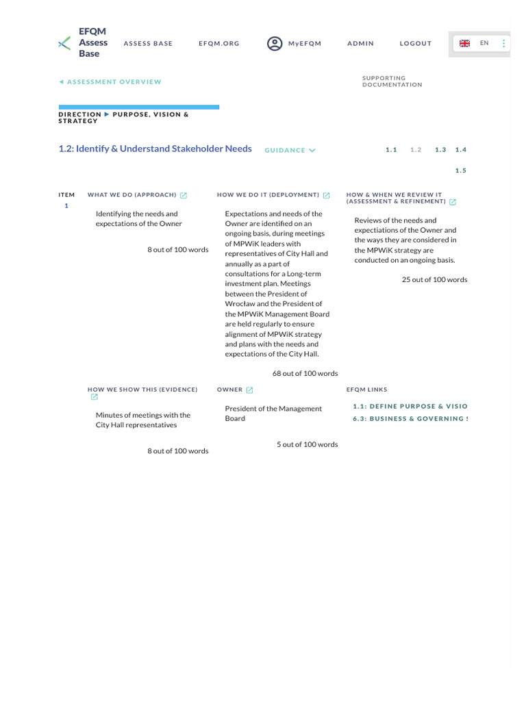 1.2 - Identify & Understand Stakeholder Needs EFQM Assess Base | PDF ...