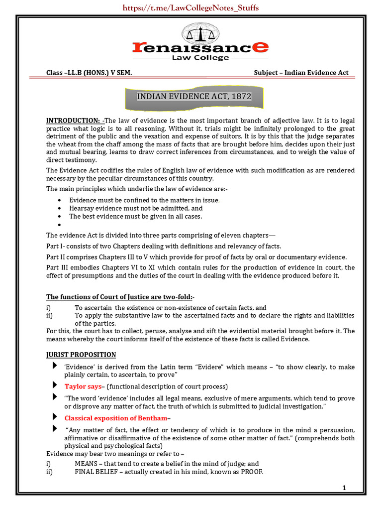 Evidence Act Notes | PDF | Evidence (Law) | Evidence