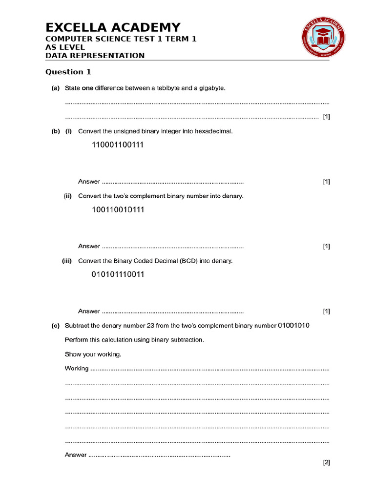 AS Level Computer Science Test 1 Term 1 | PDF