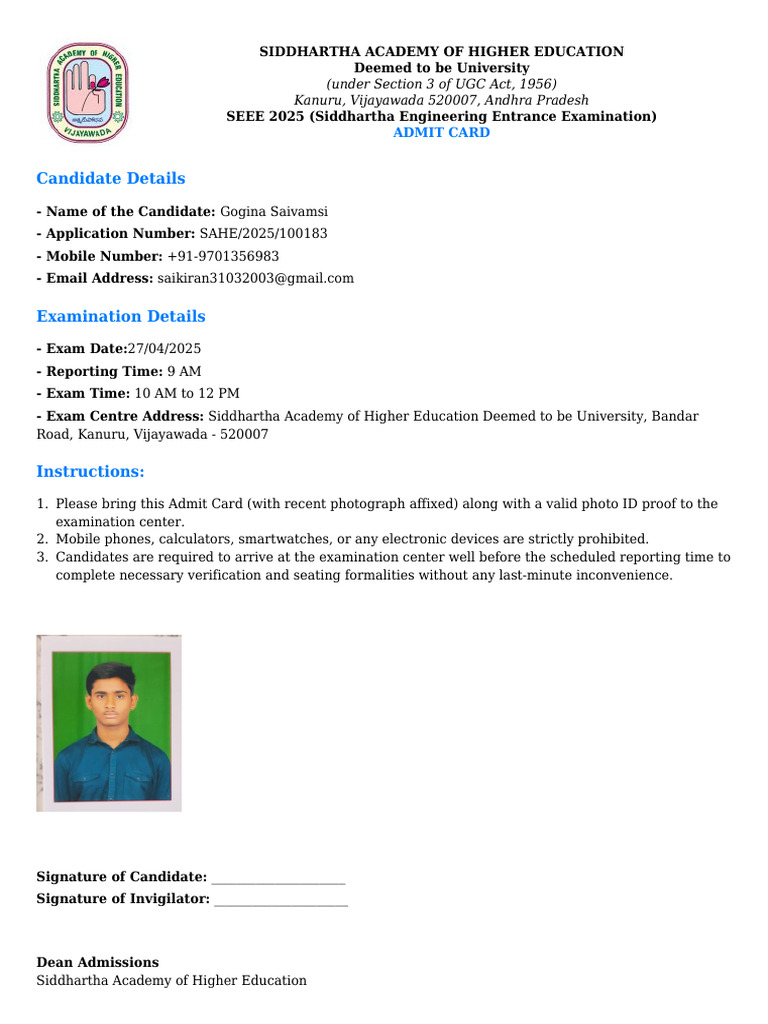 Admit Card SAHE 2025 100183 | PDF