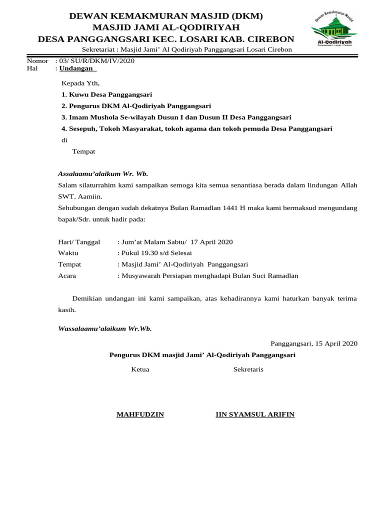 Contoh Undangan Rapat DKM Jelang Ramadlan 2020 | PDF