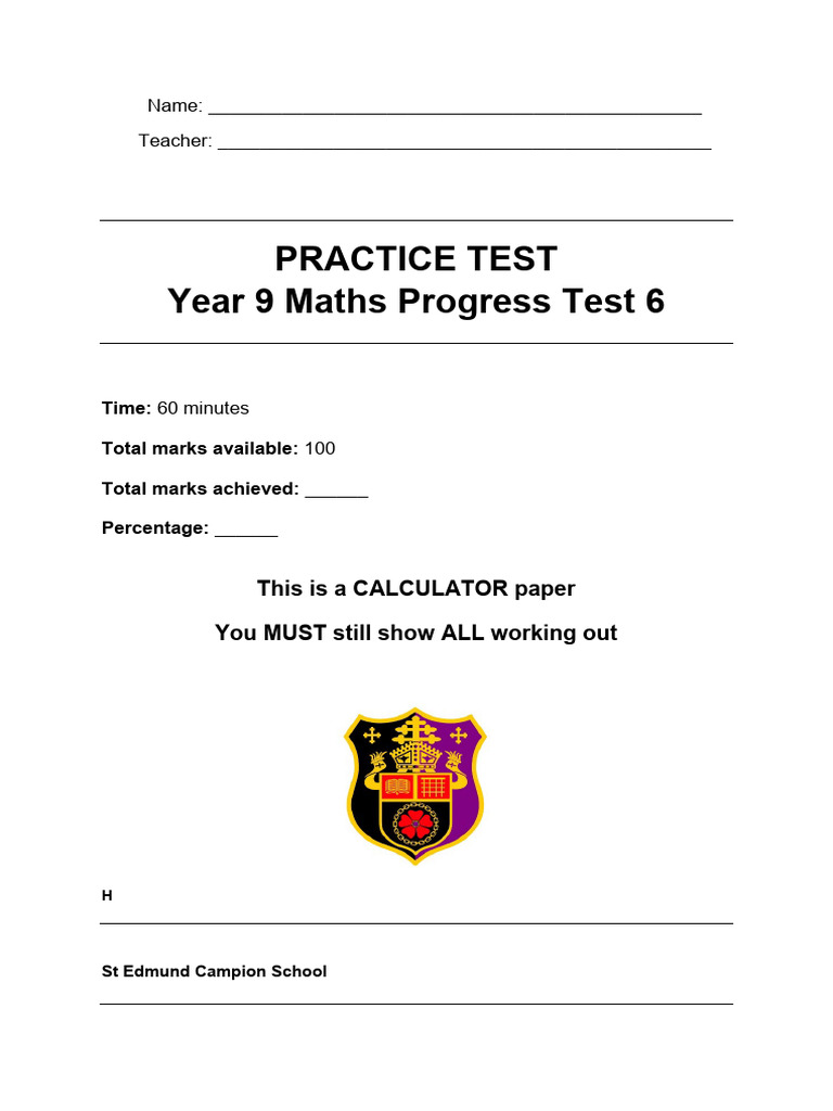 PRACTICE TEST Year 9 Maths Progress Test 6 Higher 3 | PDF | Length ...