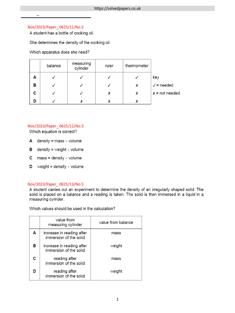 2023 Density Igcse Physics 0625 | PDF