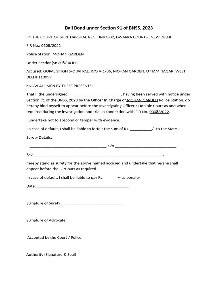 Bail Bond Under Section 91 of BNSS | PDF | Public Law | Criminal Law