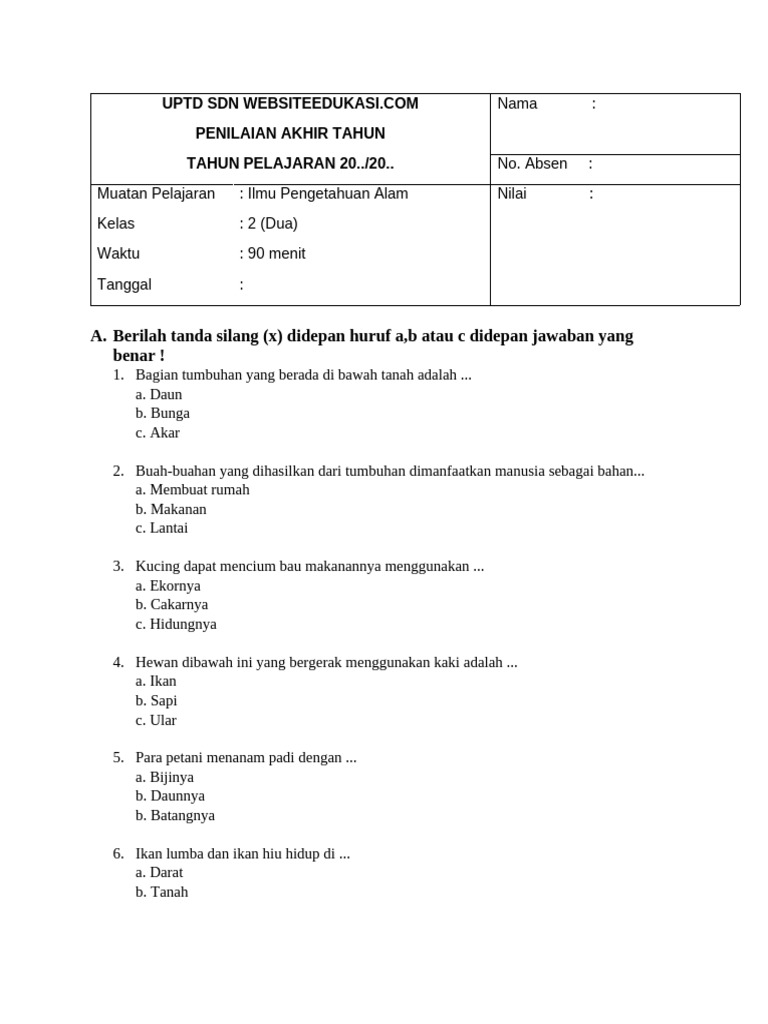 Soal PAT IPA Kelas 2 | PDF