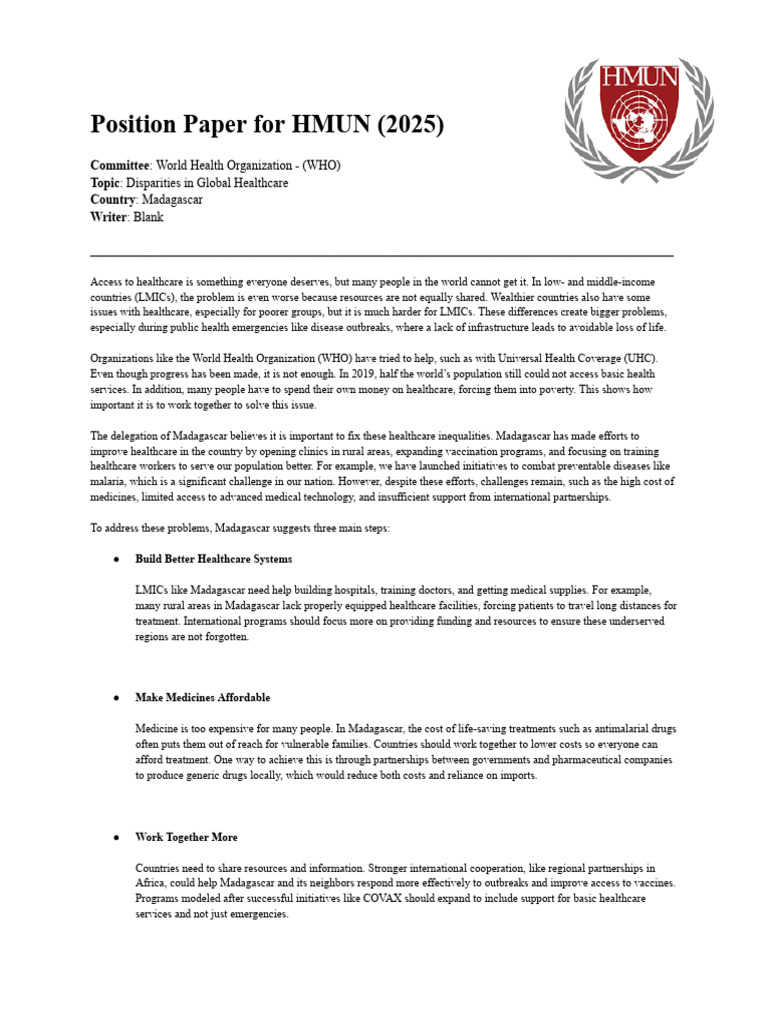 Position Paper For HMUN (2025) ... PPDDFF | PDF | Health Care | World ...