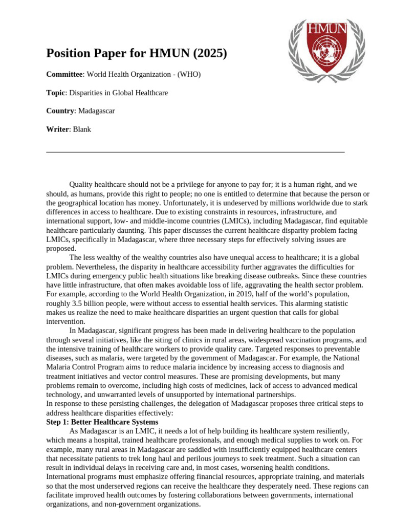 Position Paper For HMUN (2025) ... PPDDFF | PDF | Health Care | Public ...