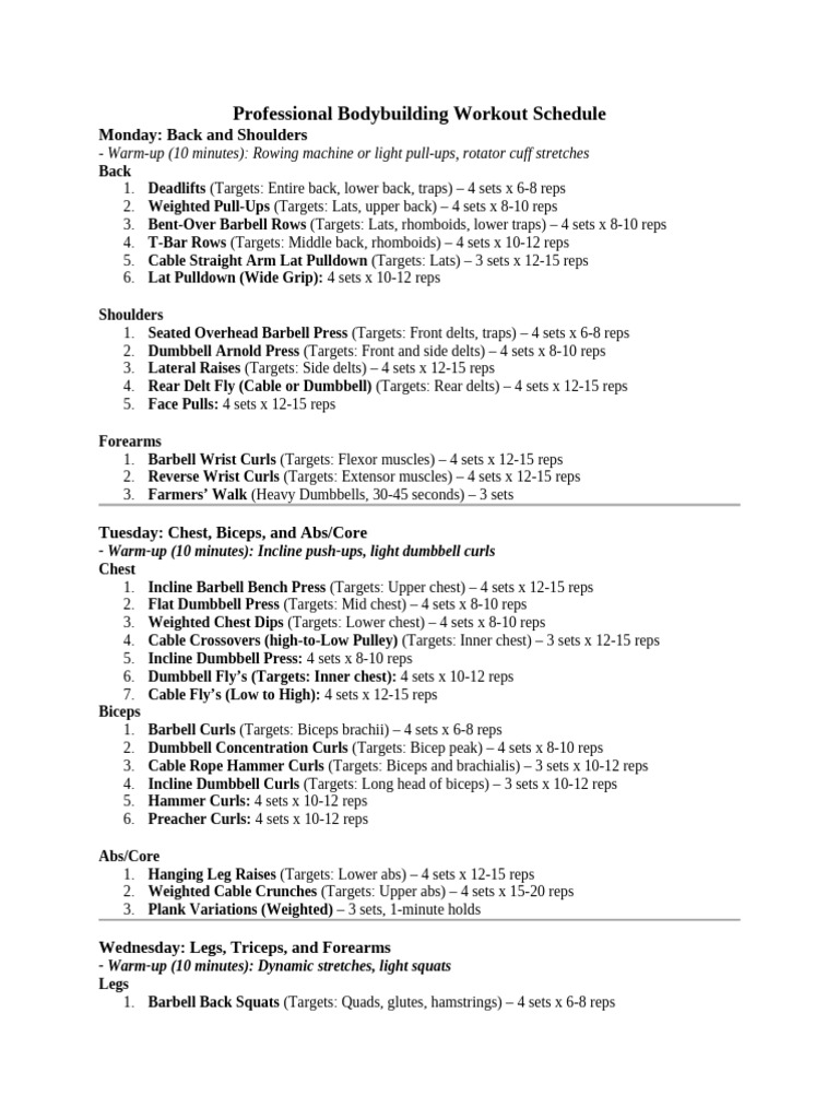 Professional Bodybuilding Workout Schedule | PDF | Weight Training | Musculoskeletal System
