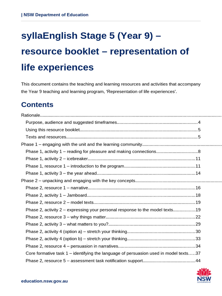 English s5 Year 9 Resource Booklet Representation of Life Experiences ...