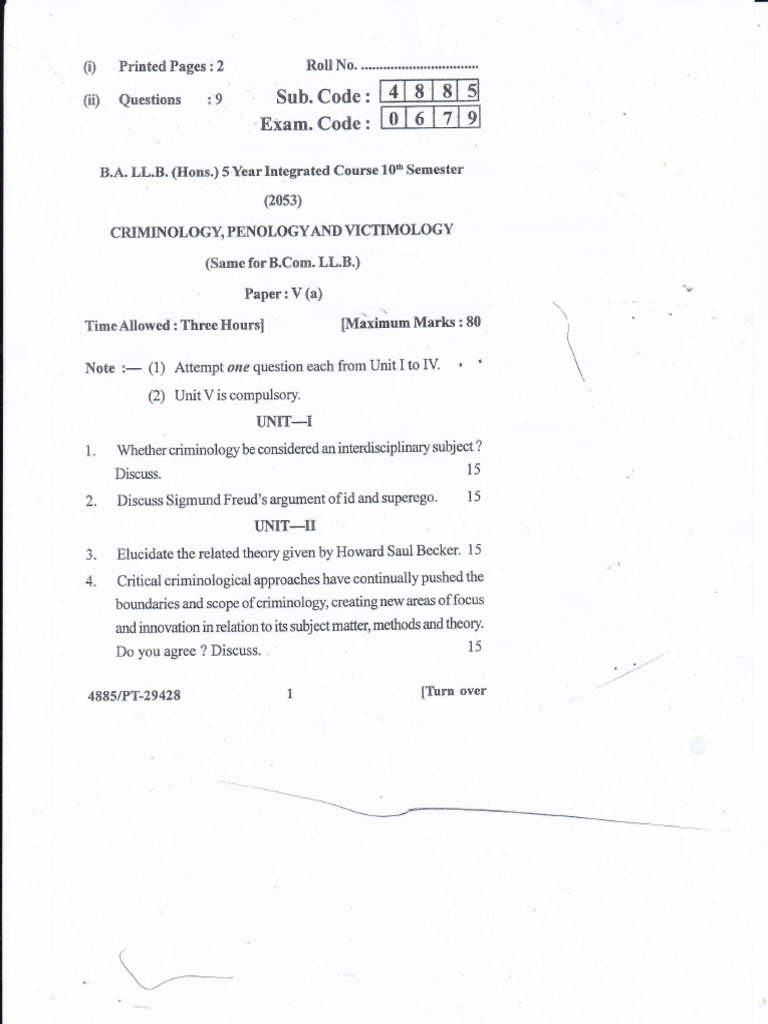 Criminology Exam Paper: Key Topics & Questions | PDF | Criminology ...
