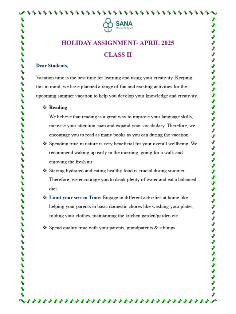 Holiday Assignment Grade 2 | PDF