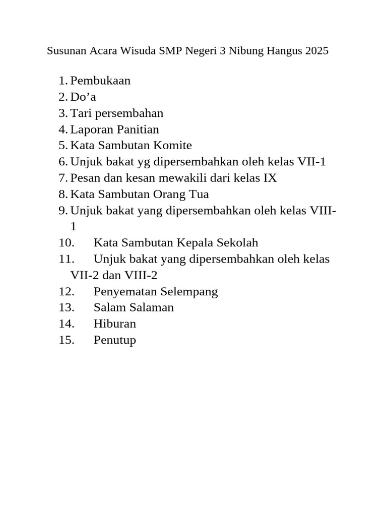 Susunan Acara Wisuda SMP Negeri 3 Nibung Hangus 2025 | PDF