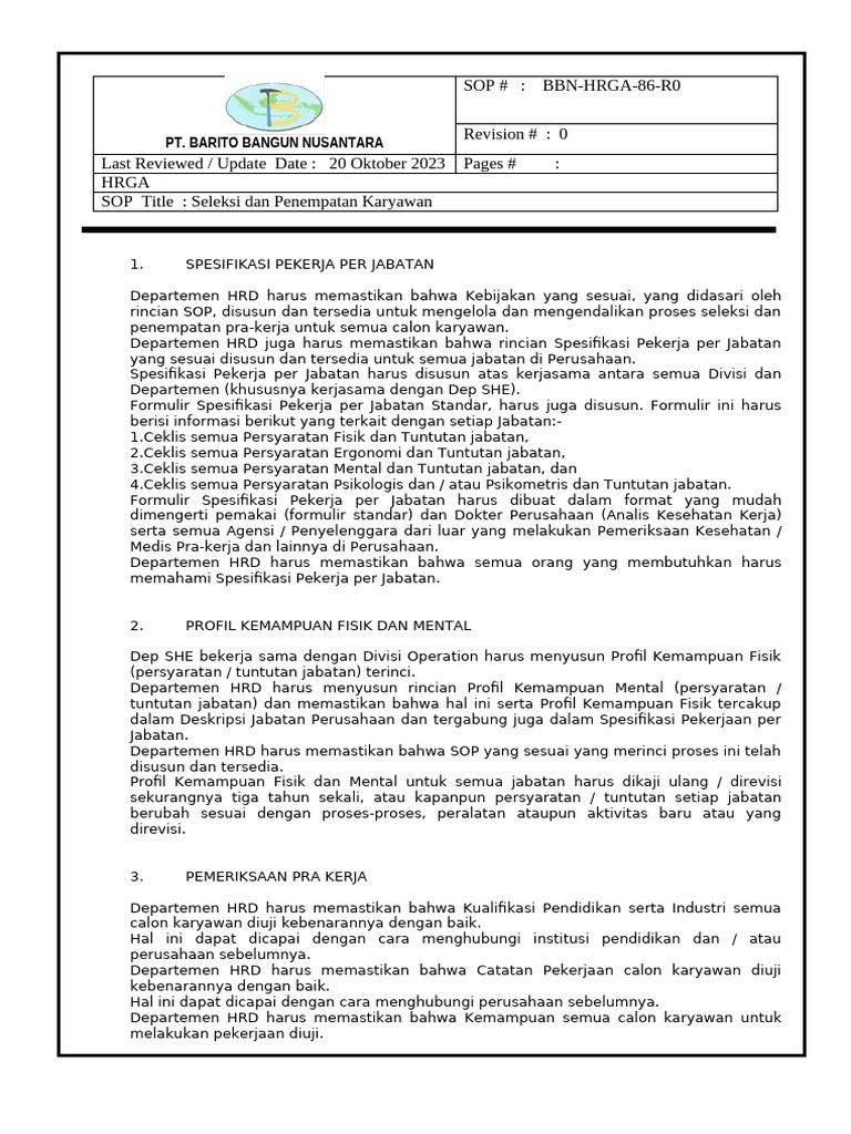 BBN SOP-HRGA-86-R0 Seleksi Dan Penempatan Karyawan | PDF