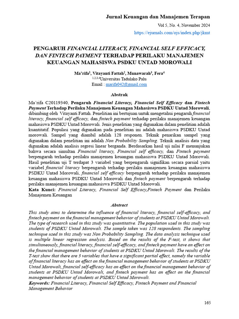 Pengaruh Financial Literacy, Financial Self Efficacy, Dan Fintech Payment Terhadap Perilaku ...