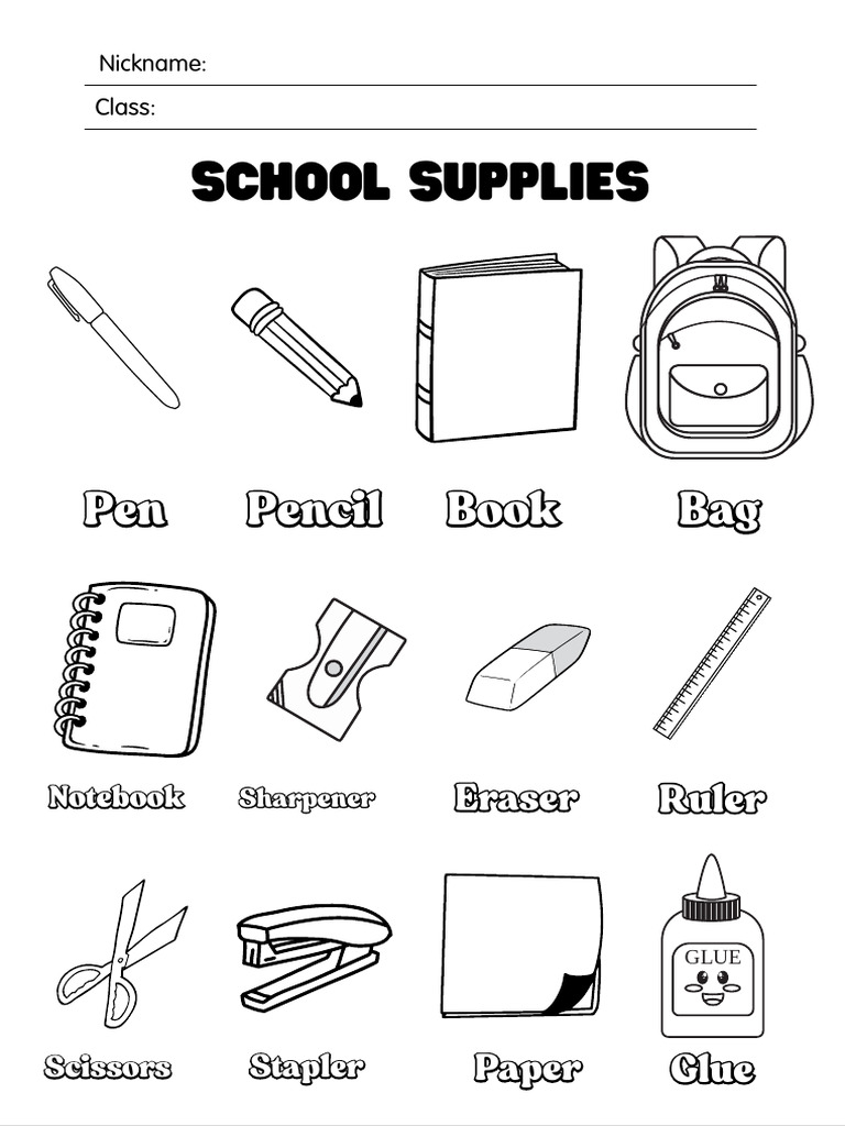 School Supplies Worksheet in Black and White Monochrome Style | PDF