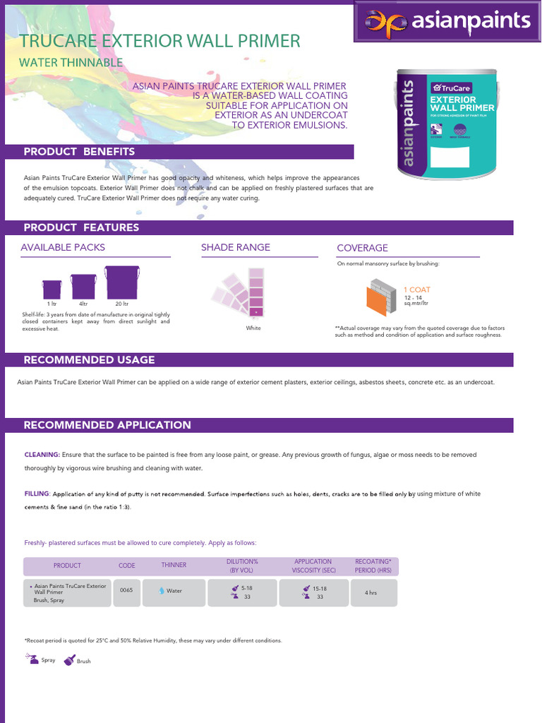 Asian Paints Truecare Exterior Primer Pis | PDF | Paint | Plaster