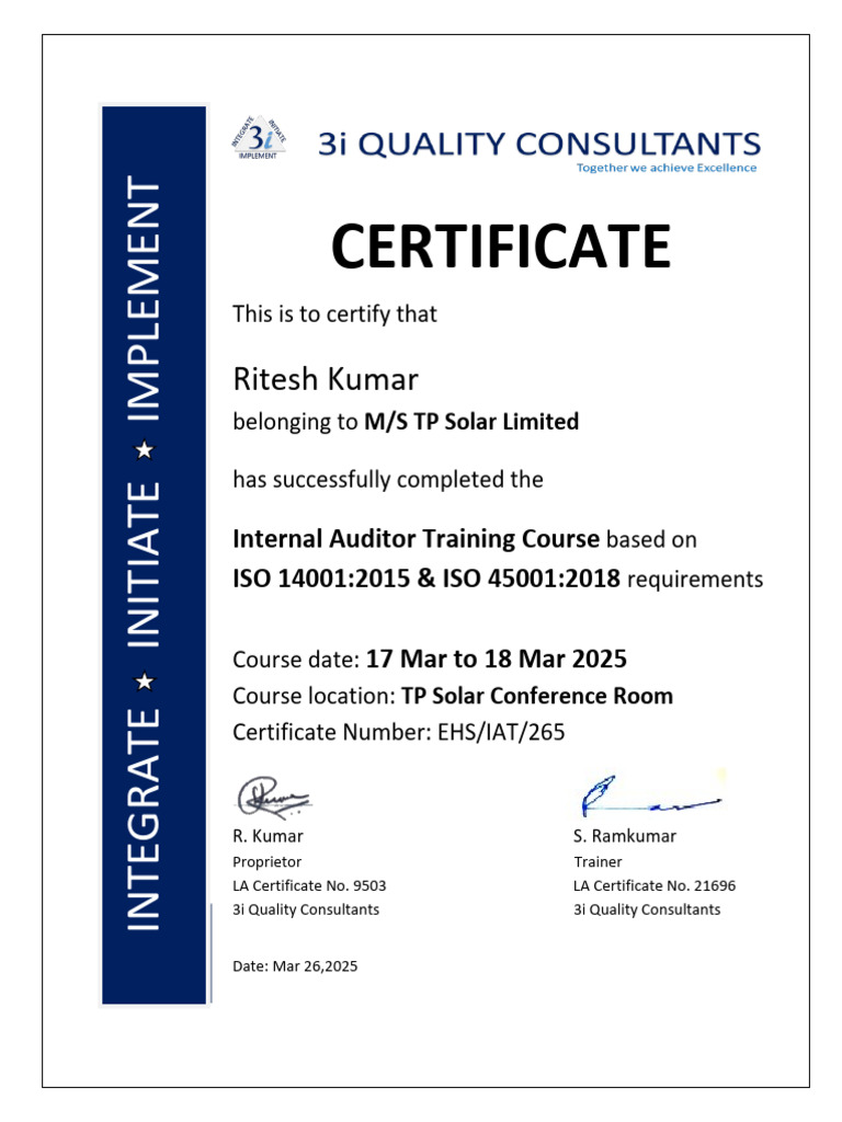 EHS Training Certificate - TP Solar - Ritesh Kumar | PDF