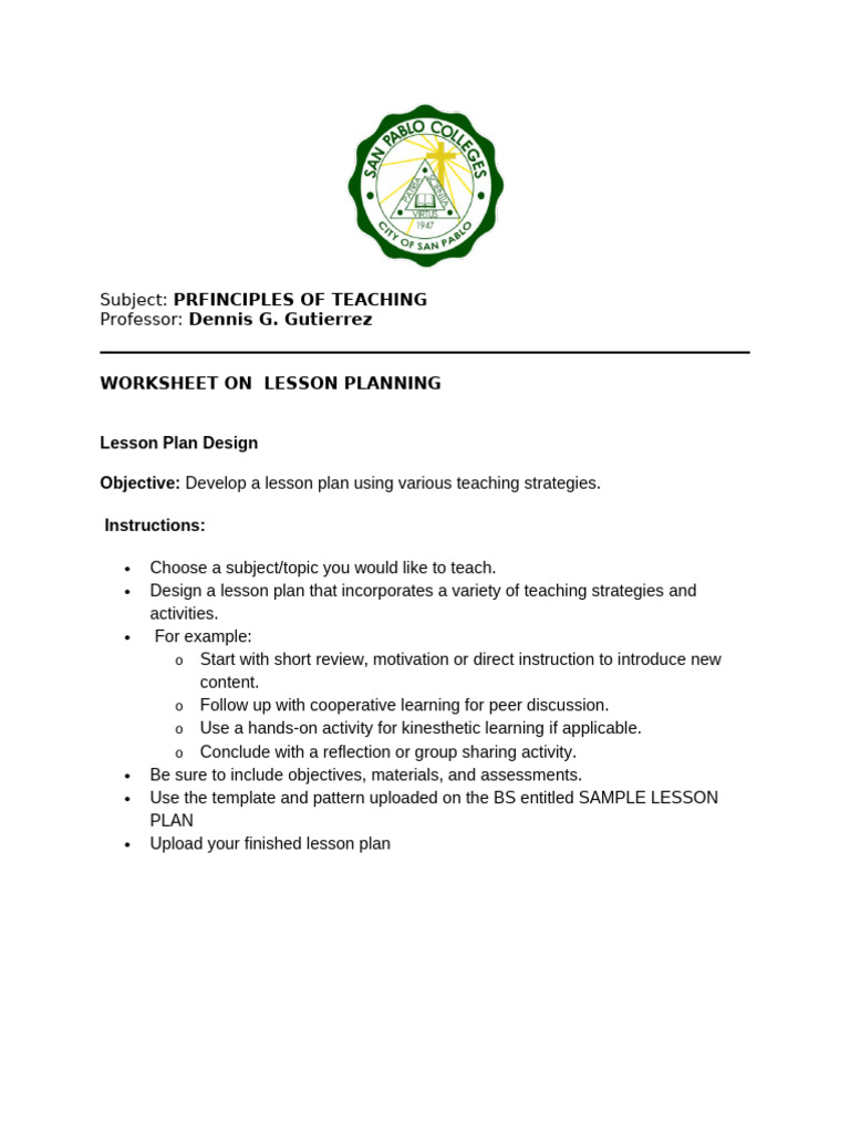 Lesson Planning Worksheet Guide | PDF