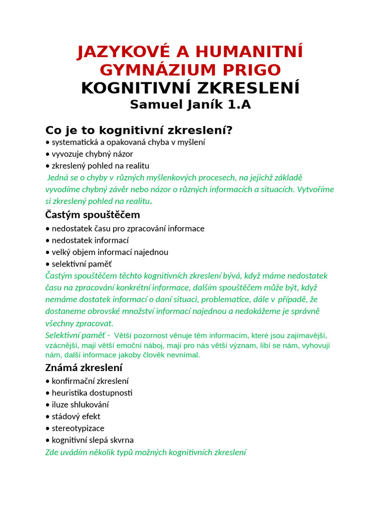 Kognitivní Zkreslení - Janík (ZSV) | PDF