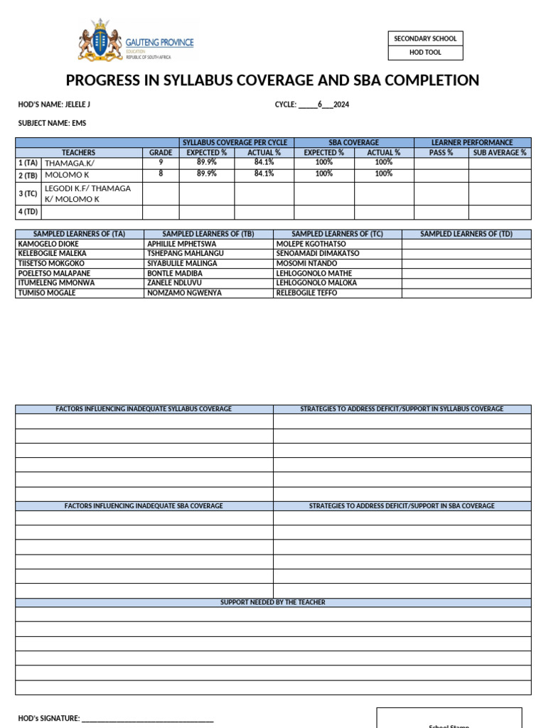 Progress in Syllabus Coverage and Sba Completion Ems | PDF