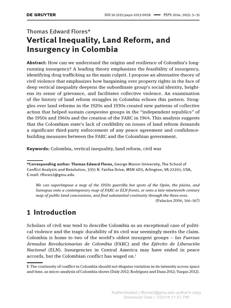Flores Vertical Inequality Land Reform and Insurgency in Colombia | PDF ...