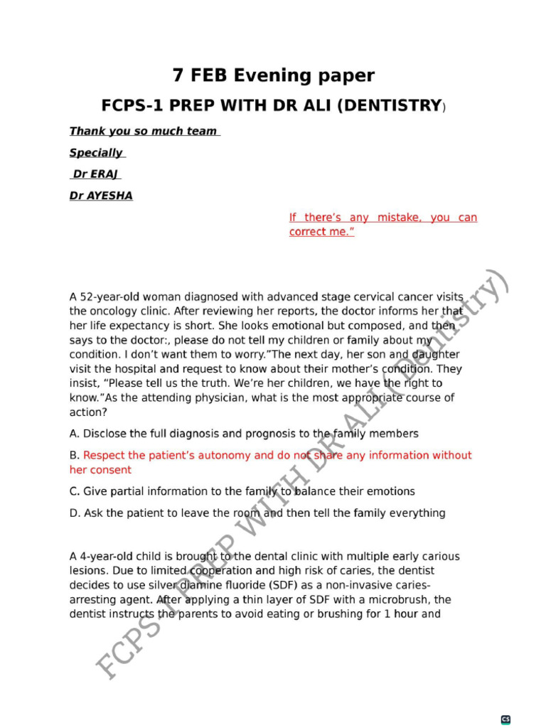 7 Feb Evening Paper Fcps-1 Prep With DR Ali (Dentistry) | PDF