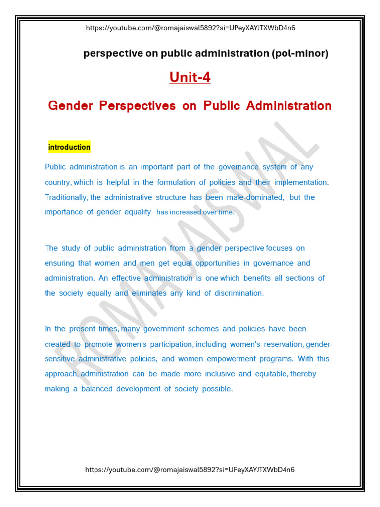 Unit-4 Gender Perspectives on Public Administration | PDF | Governance ...
