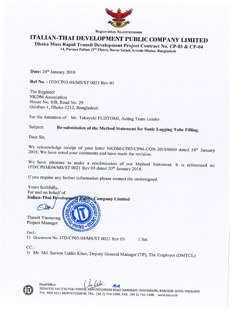 ITD CP-03&04 MS ST 0021 Rev.03 Re Submission of The Method Statement For Sonic Logging Tube ...