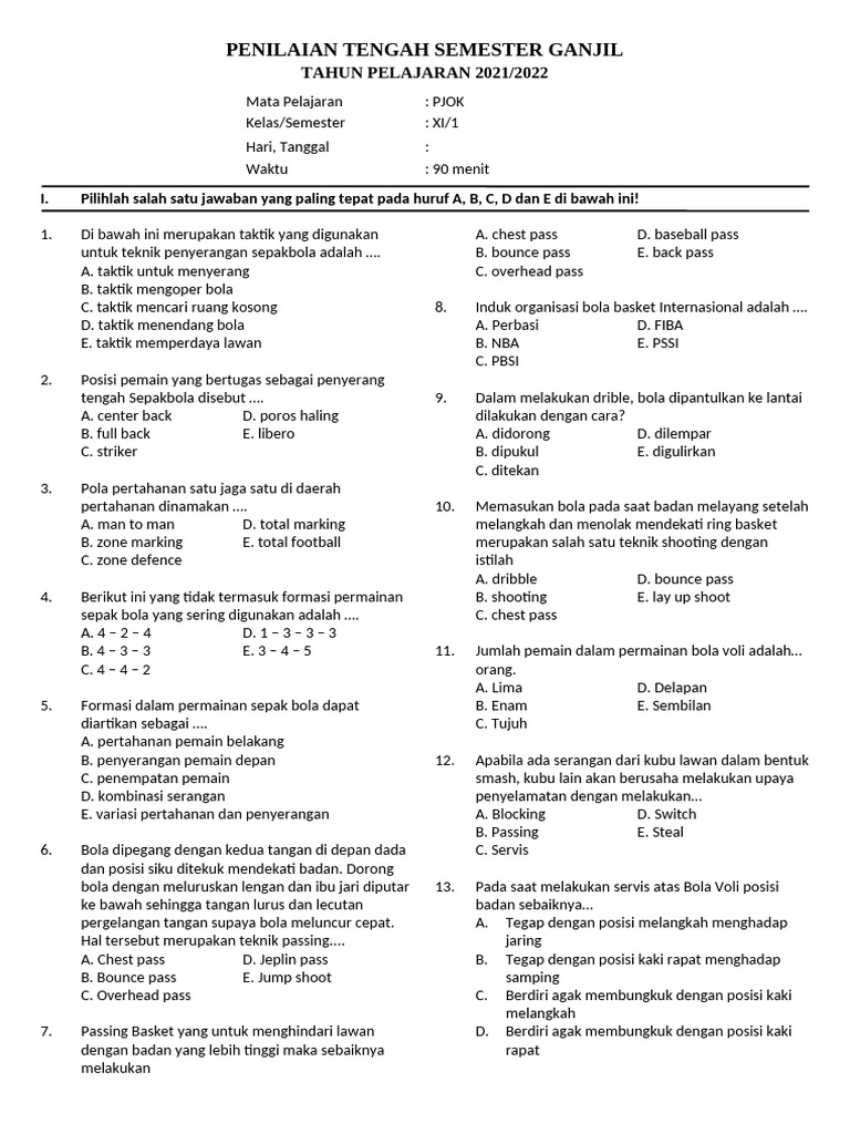 SOAL PTS PJOK KELAS 11 | PDF