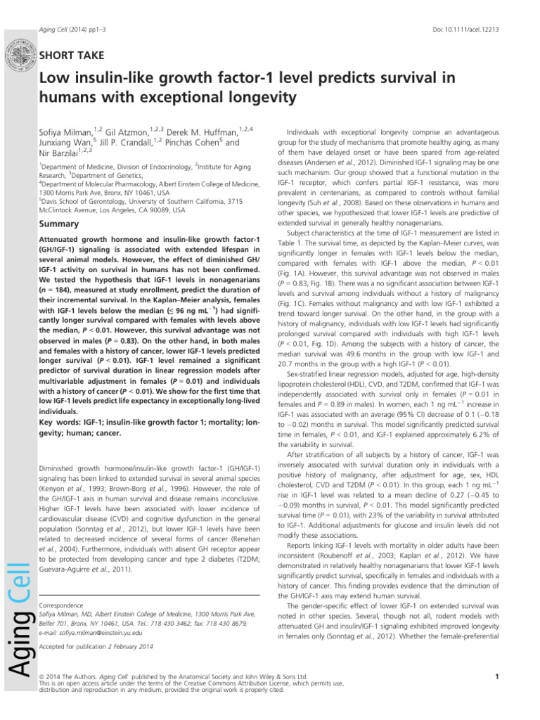Low insulin-like growth factor-1 level predicts survival in humans with exceptional longevity ...