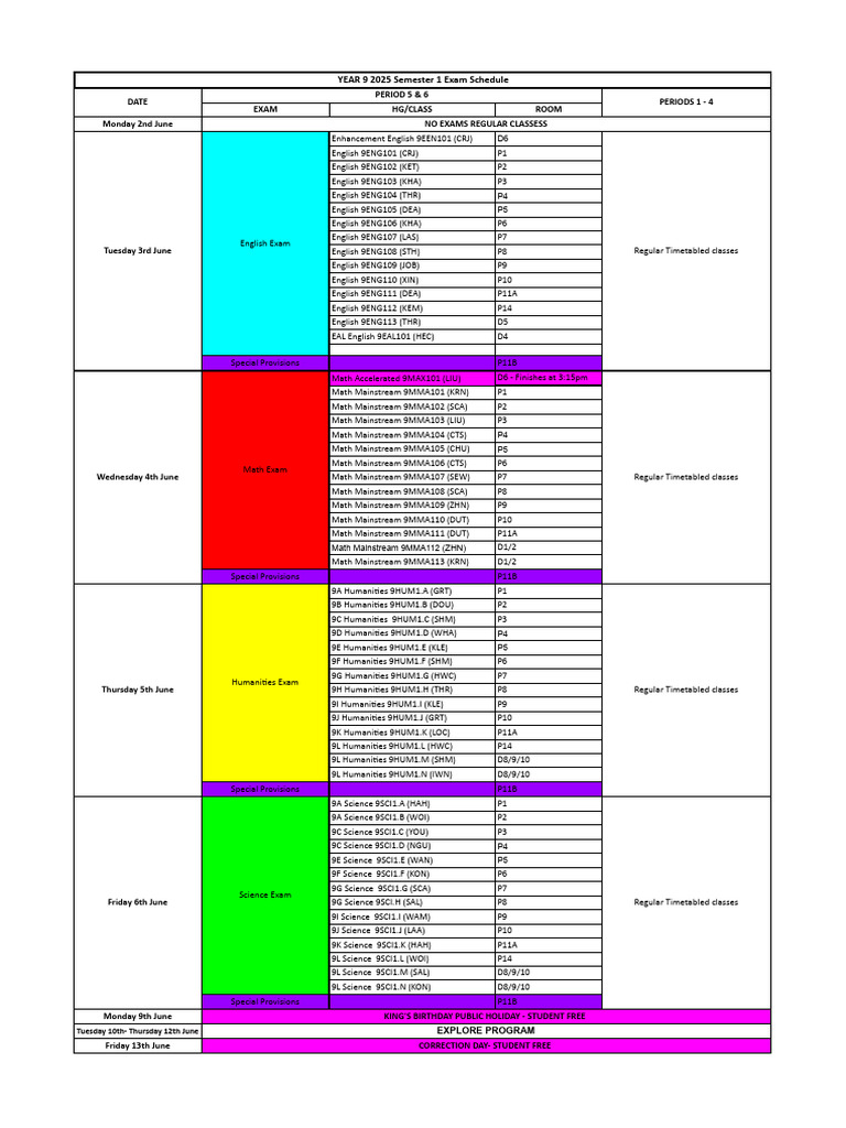 2025 Year 9 Semester 1 Exam Schedule | PDF