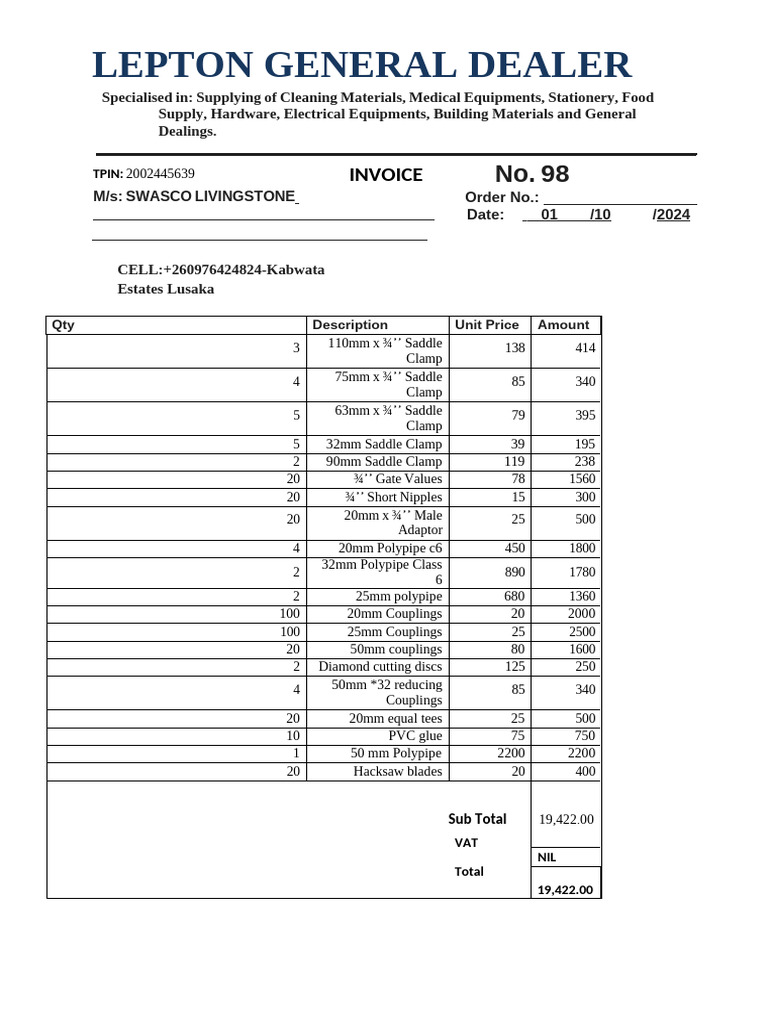 Leptone General Dealers Invoice 98 | PDF
