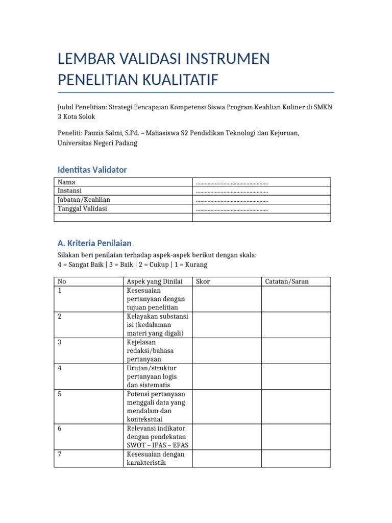 Lembar Validasi Instrumen Kualitatif | PDF