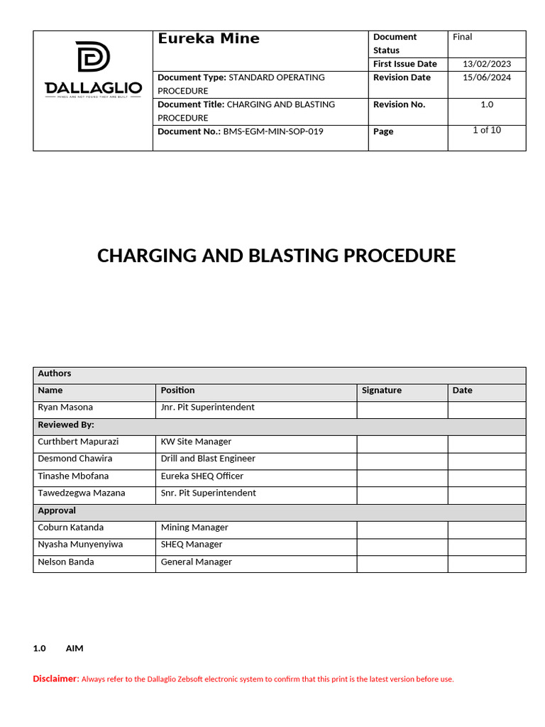 Bms-Egm-Min-Sop-019 Charging and Blasting Procedure-1 | PDF | Lightning ...