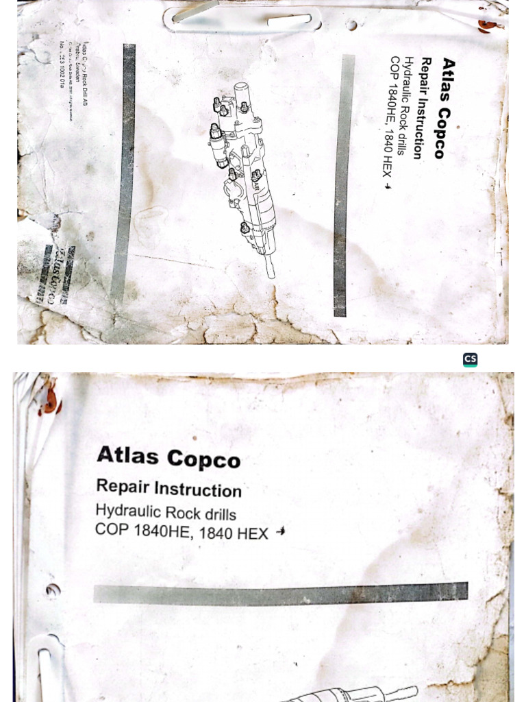Atlas Copco Repair Instruction Hydraulic Rock Drills COP 1840HE 1840 ...