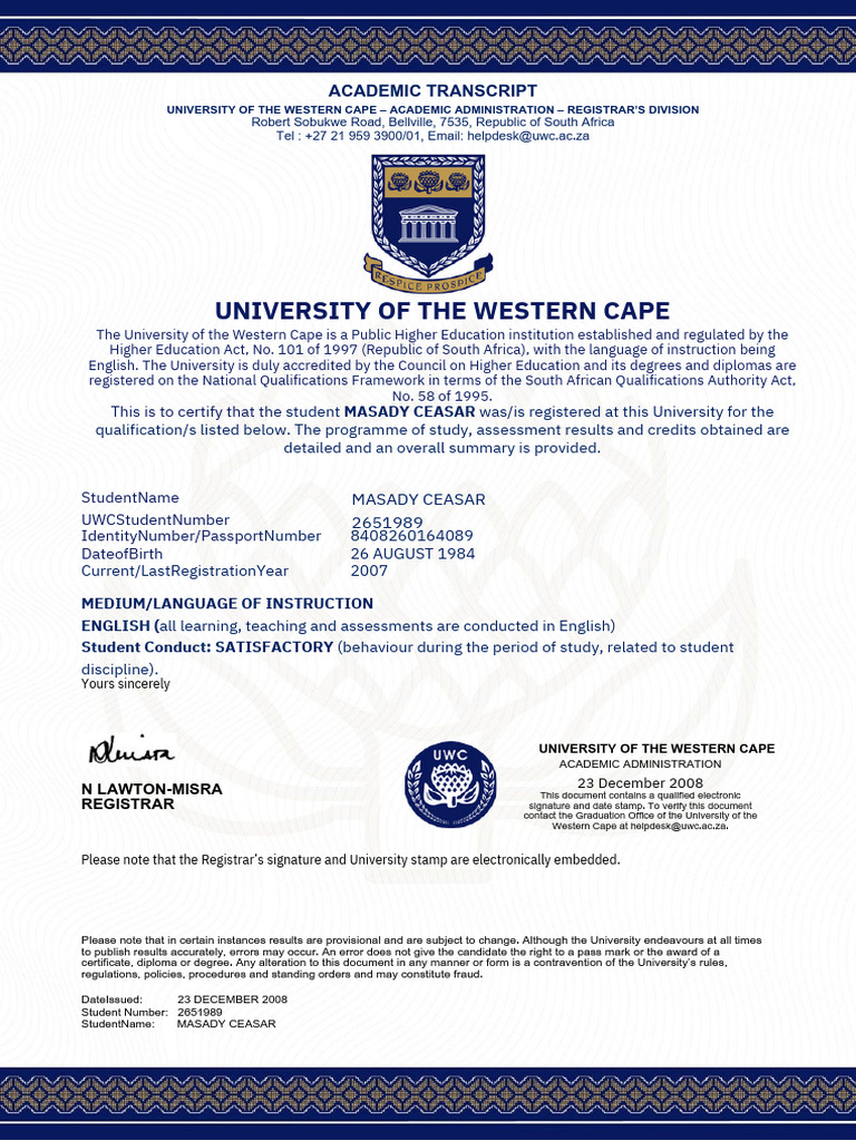Academic Transcript for Masady Ceasar | PDF | Academic Degree | Diploma