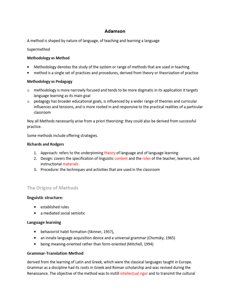 Summary Adamson - Fashions in Language Methodology 2008 | PDF | Learning | Language Acquisition