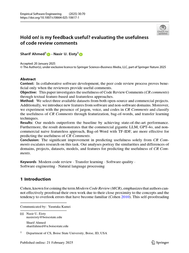 Hold On! Is My Feedback Useful? Evaluating The Usefulness of Code Review Comments | PDF | Effect ...