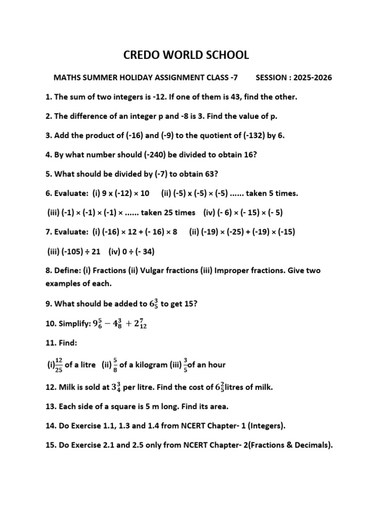 CWS Class7 Maths Summer Assignment | PDF