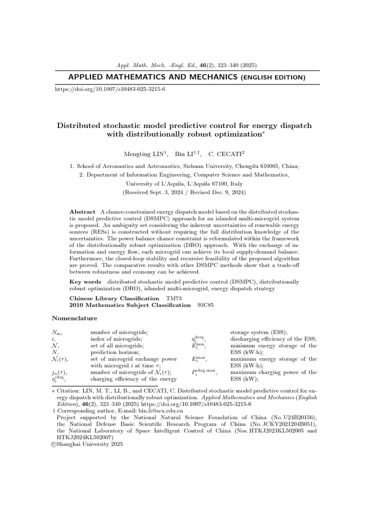 Distributed Stochastic Model Predictive Control For Energy Dispatch | PDF | Applied Mathematics
