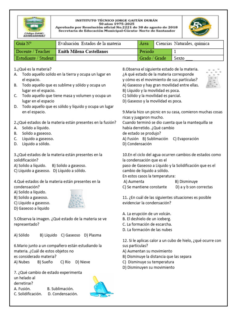 6 °evaluacion Materia y Cambios de Estado | PDF | Gases | Líquidos