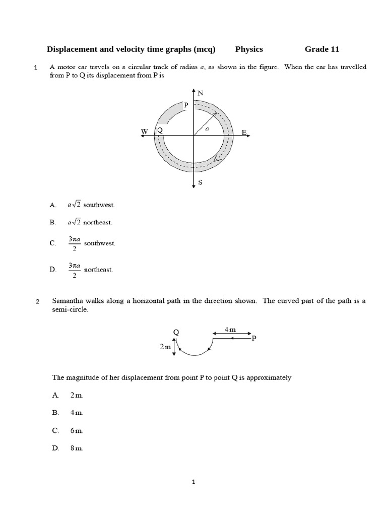 Velocity and Displacement Graphs MCQ | PDF